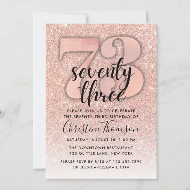 Rose Gold Glitter 73rd Birthday Invitation | Zazzle