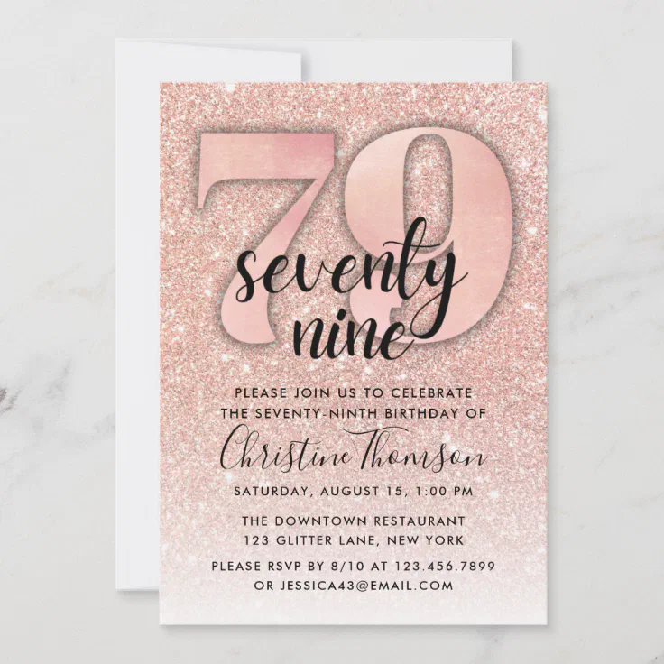 Rose Gold Glitter 79th Birthday Invitation | Zazzle