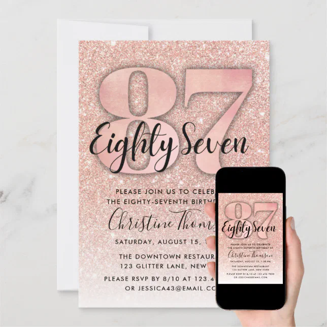 Rose Gold Glitter 87th Birthday Invitation | Zazzle
