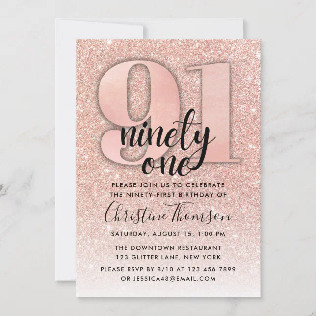 Rose Gold Glitter 91st Birthday Invitation | Zazzle