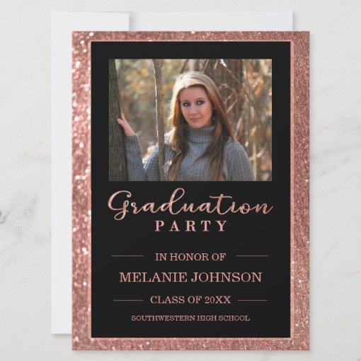 Rose Gold Glitter and Black Graduation Invitation | Zazzle