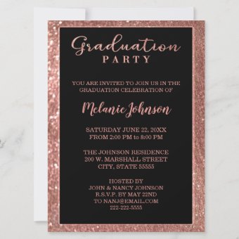Rose Gold Glitter and Black Graduation Invitation | Zazzle