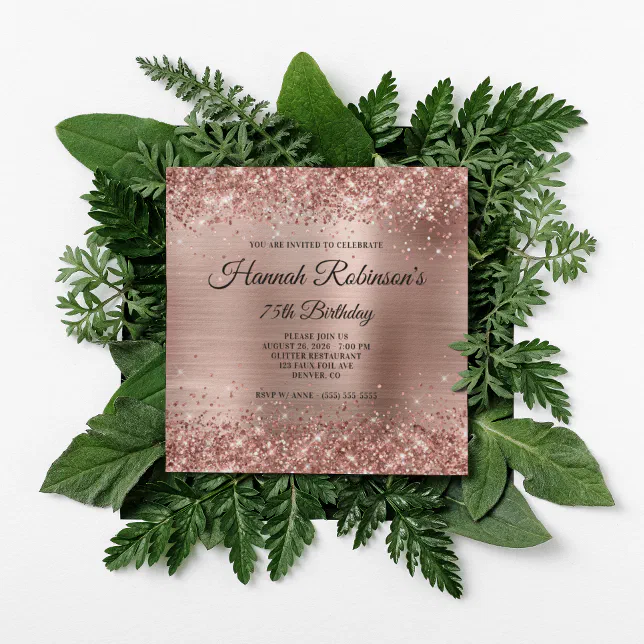 Rose Gold Glitter and Foil Monogram 75th Birthday Invitation | Zazzle