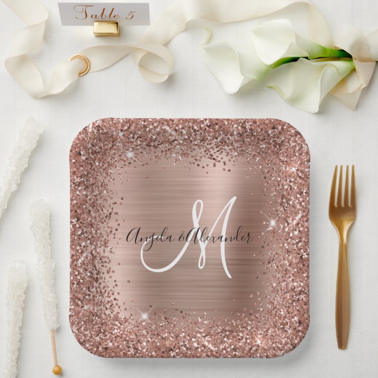 Rose Gold Glitter and Foil Wedding Monogrammed Paper Plates | Zazzle