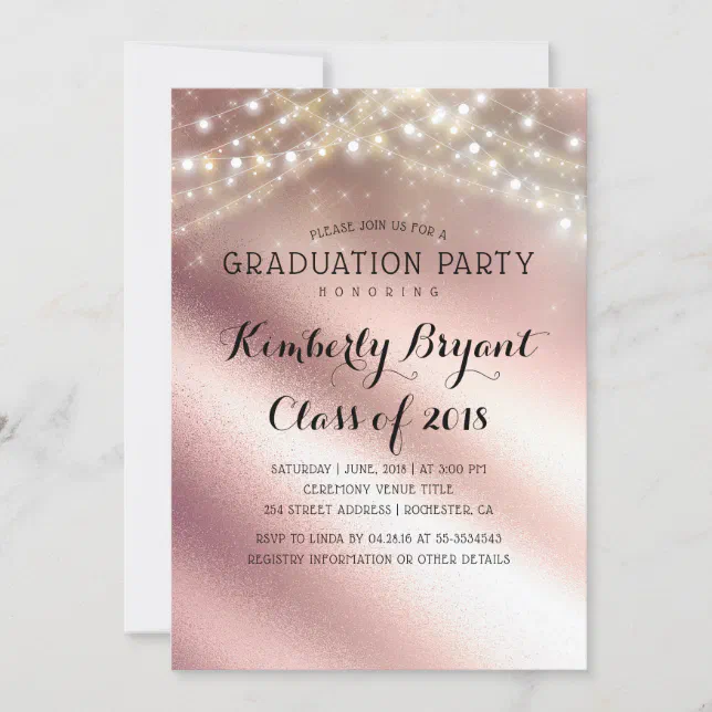 Rose Gold Glitter and Sring Lights Graduation Invitation | Zazzle