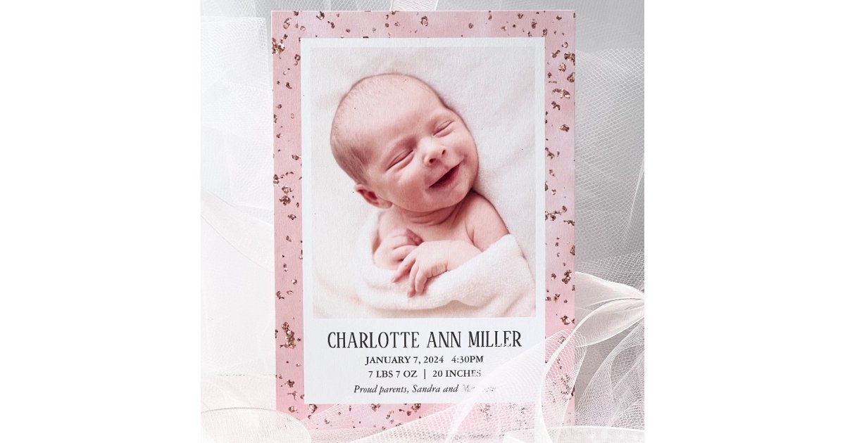 Rose Gold Glitter Baby Birth Announcement Card | Zazzle