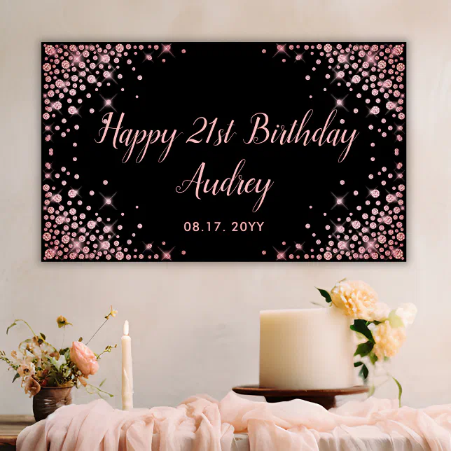 Rose Gold Glitter Black 21st Birthday Monogram Banner | Zazzle