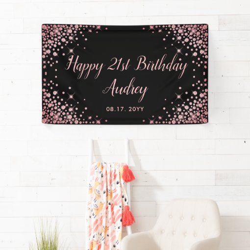 Rose Gold Glitter Black 21st Birthday Monogram Banner | Zazzle