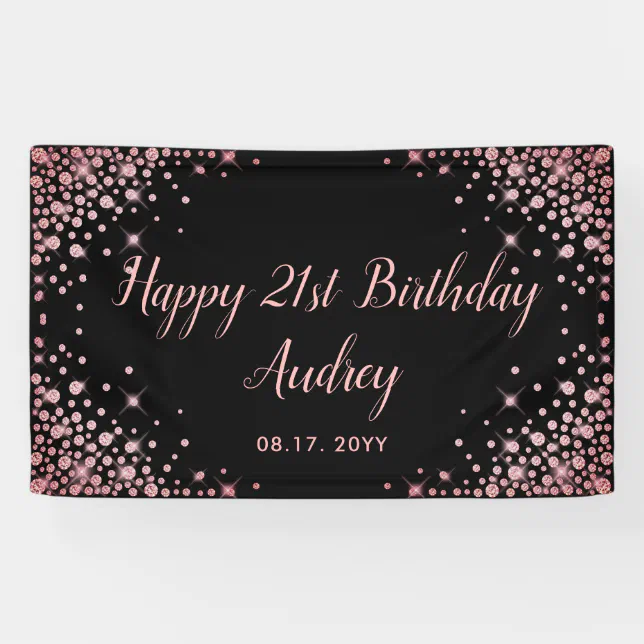 Rose Gold Glitter Black 21st Birthday Monogram Banner | Zazzle