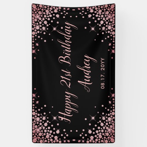 Rose Gold Glitter Black 21st Birthday Monogram Banner | Zazzle