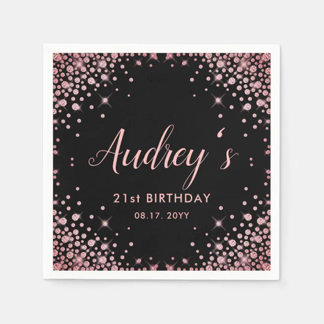Rose Gold Glitter Black 21st Birthday Monogram Napkins | Zazzle