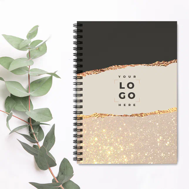 Rose gold glitter black modern elegant budget logo notebook | Zazzle