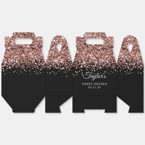 Rose Gold Glitter Black Sweet Sixteen Favor Boxes | Zazzle