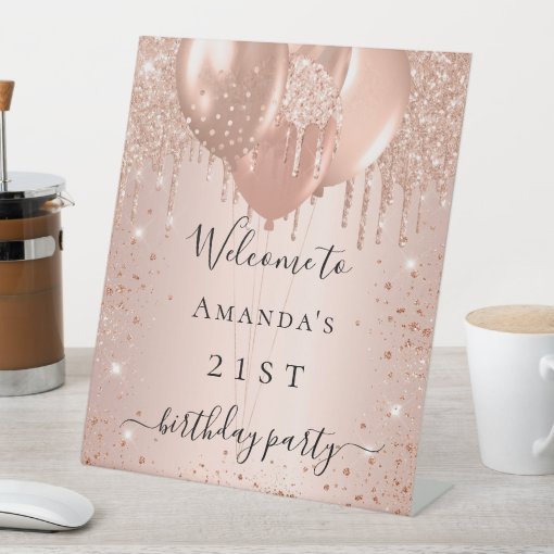 Rose gold glitter blush birthday party welcome pedestal sign | Zazzle