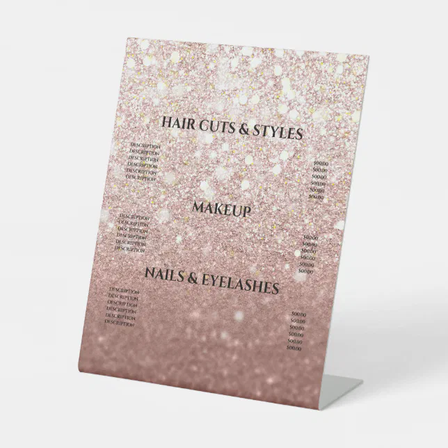 Rose Gold Glitter Blush Hair Makeup Salon Price Pedestal Sign | Zazzle