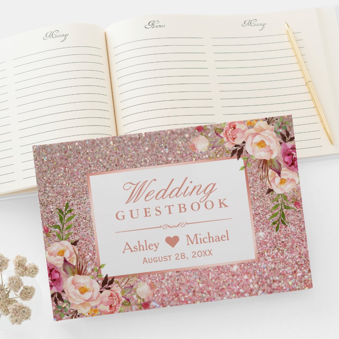 Rose Gold Glitter Blush Pink Floral Wedding Guest Book | Zazzle