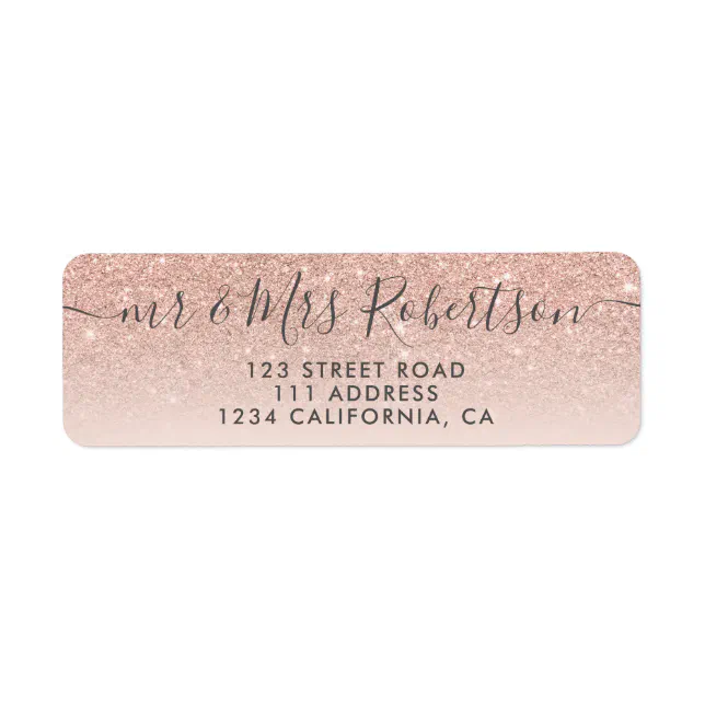Rose gold glitter blush pink script wedding label | Zazzle