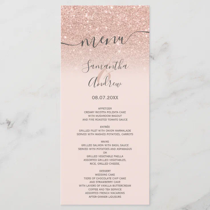 Rose gold glitter blush pink script wedding menu | Zazzle