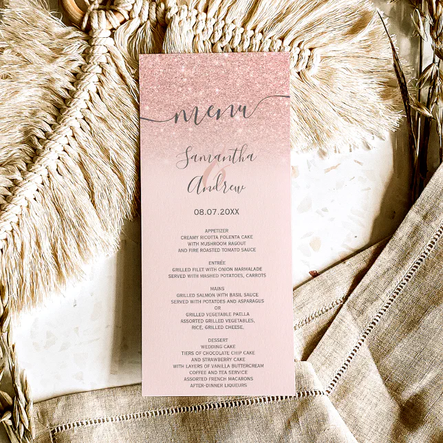 Rose gold glitter blush pink script wedding menu | Zazzle