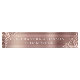 Rose Gold Glitter | Blush Pink Sparkle Glitter Desk Name Plate | Zazzle