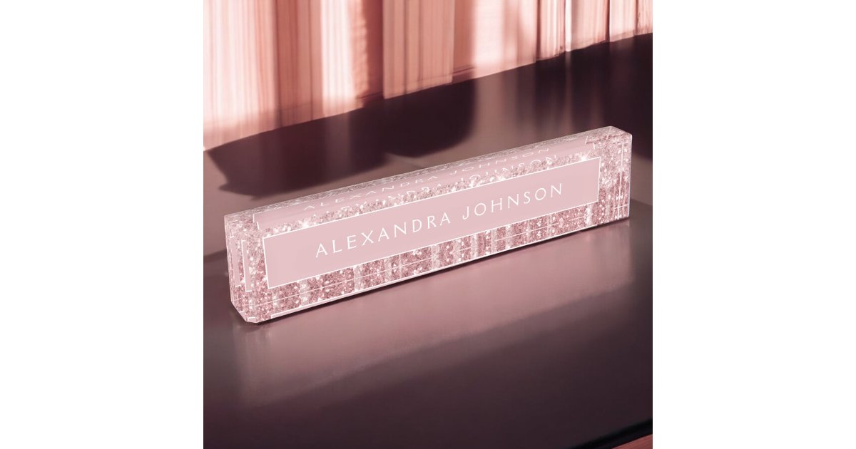 Rose Gold Glitter | Blush Pink Sparkle Modern Desk Name Plate | Zazzle