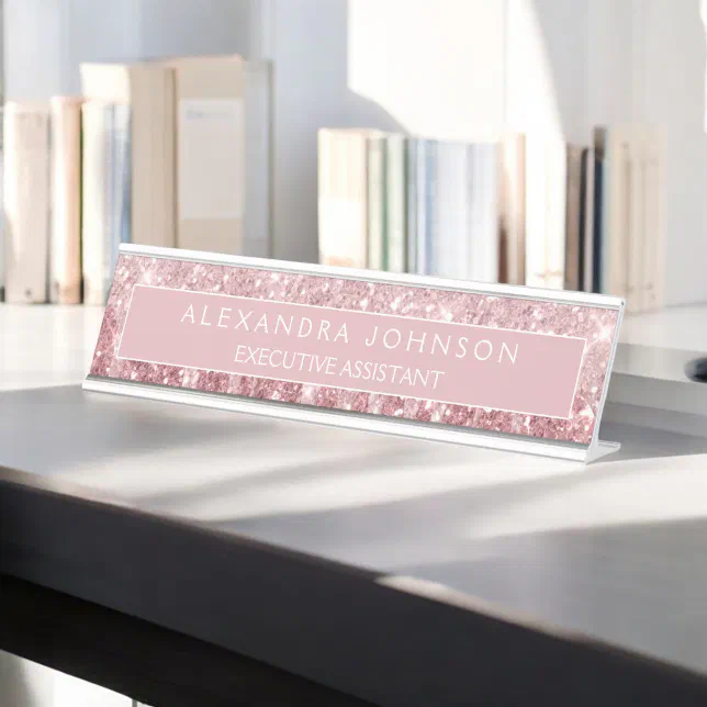 Rose Gold Glitter | Blush Pink Sparkle Modern Desk Name Plate | Zazzle