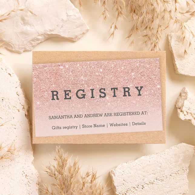 Rose gold glitter blush pink wedding registry enclosure card | Zazzle