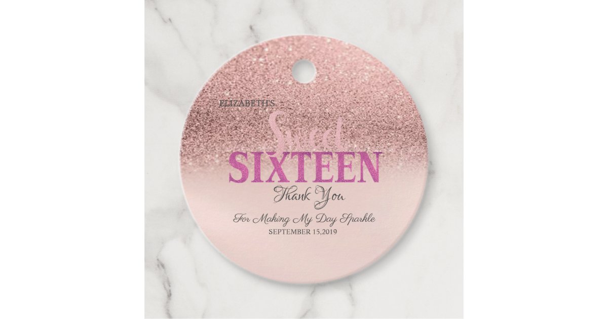 Rose Gold Glitter Bokeh Sweet 16 Favor Tags | Zazzle