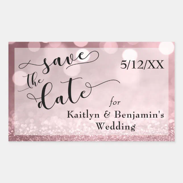 Rose Gold Glitter Bokeh & Typography Save the Date Rectangular Sticker ...