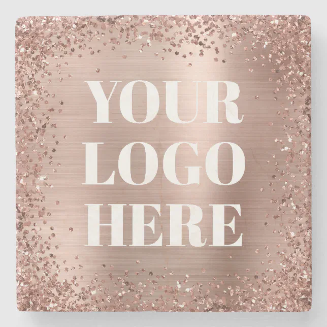 Rose Gold Glitter Border and Foil Logo Stone Coaster | Zazzle