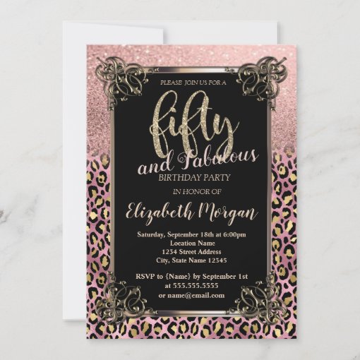 Rose Gold Glitter Border Leopard 50th Birthday Invitation | Zazzle