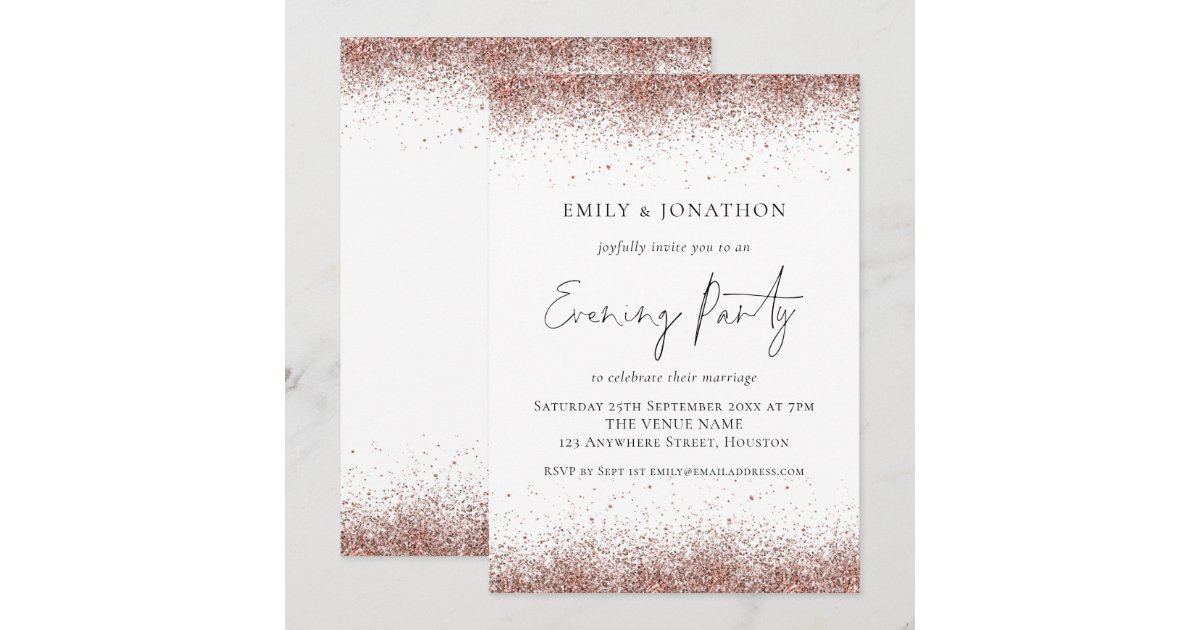 Rose Gold Glitter Borders Wedding Evening Invitation | Zazzle