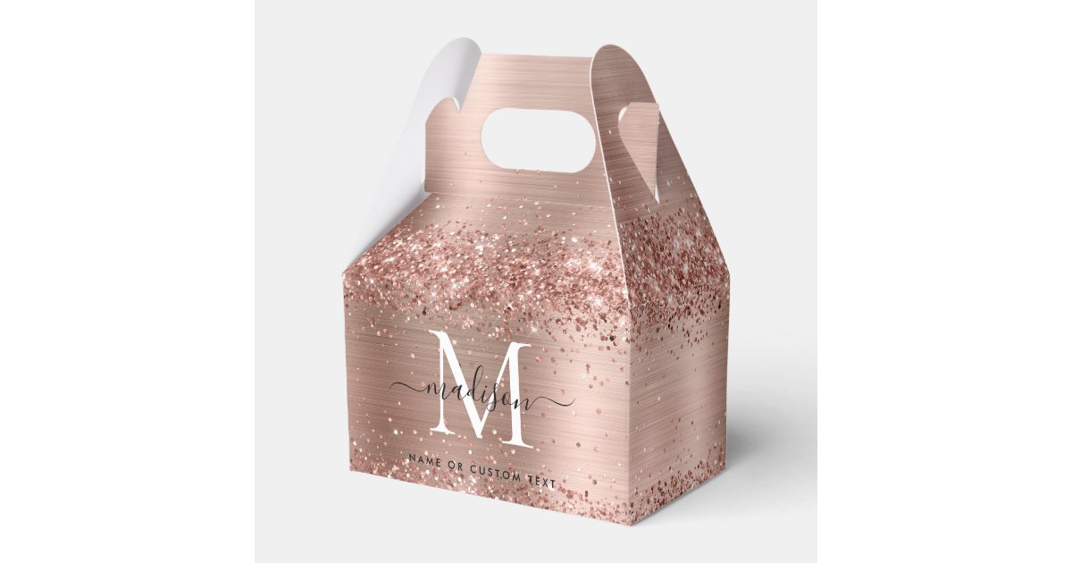Rose Gold Glitter Brushed Metal Monogram Script Favor Boxes | Zazzle
