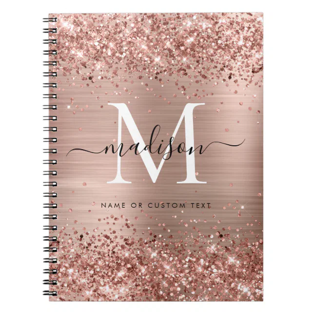 Rose Gold Glitter Brushed Metal Monogram Script Notebook | Zazzle