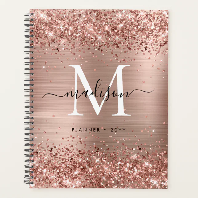 Rose Gold Glitter Brushed Metal Monogram Script Planner | Zazzle