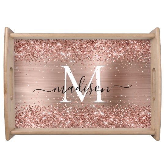 Rose Gold Glitter Brushed Metal Monogram Script Serving Tray | Zazzle.com