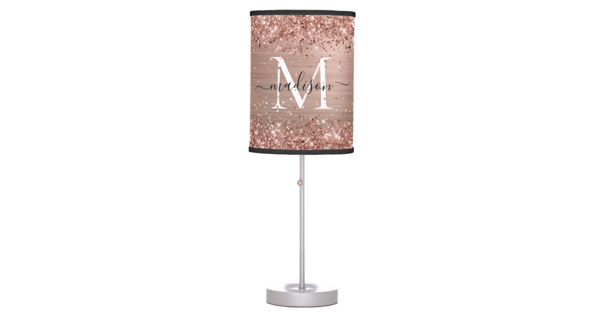Rose Gold Glitter Brushed Metal Monogram Script Table Lamp | Zazzle
