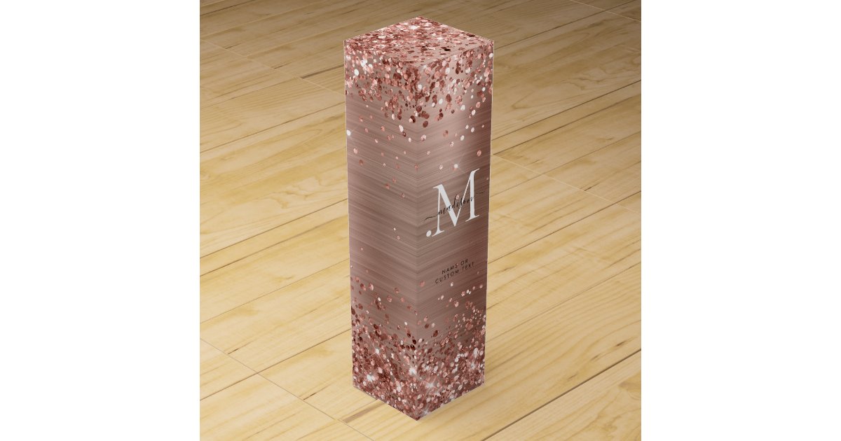 Rose Gold Glitter Brushed Metal Monogram Script Wine Box | Zazzle