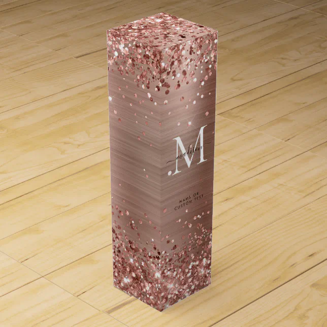 Rose Gold Glitter Brushed Metal Monogram Script Wine Box | Zazzle