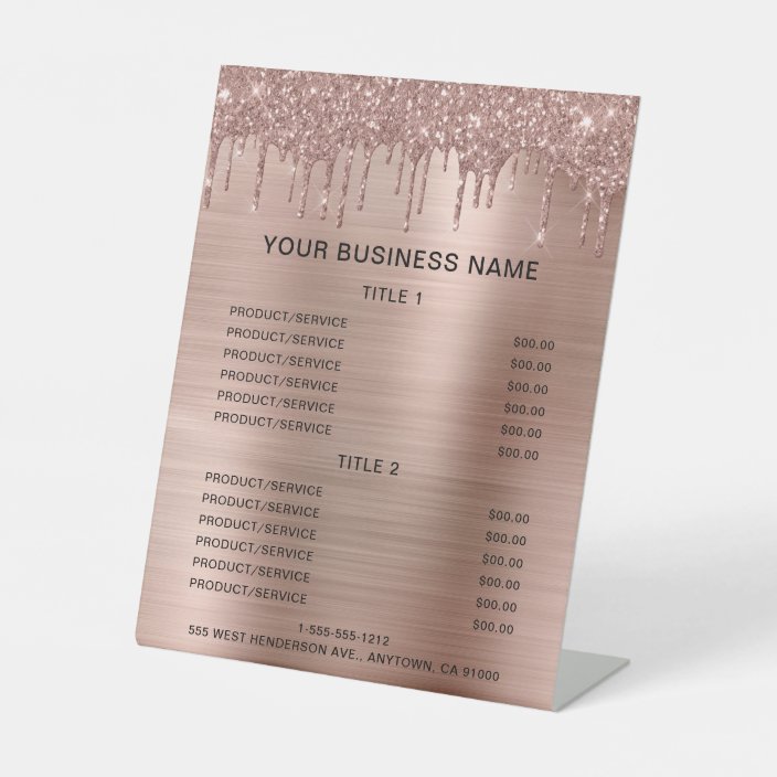 Rose Gold Glitter Business Price List Pedestal Sign | Zazzle.com