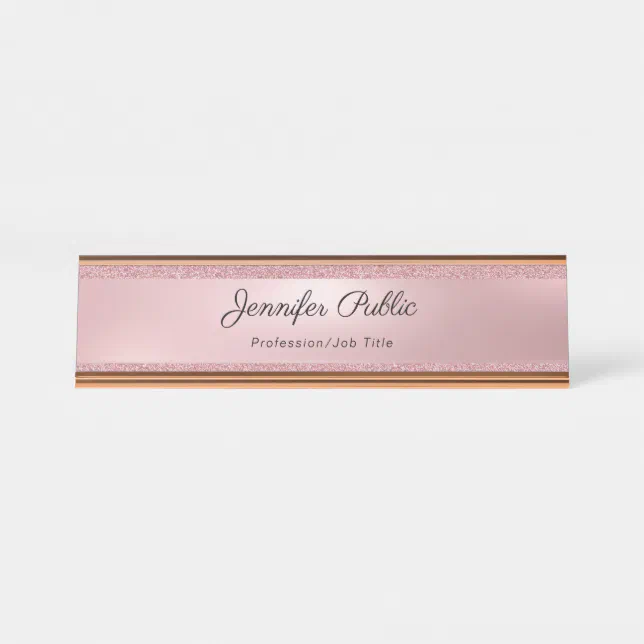 Rose Gold Glitter Calligraphy Text Elegant Modern Desk Name Plate | Zazzle