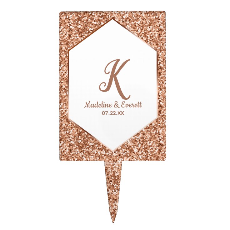 Rose Gold Glitter Confetti Glam Wedding Monogram Cake Topper | Zazzle