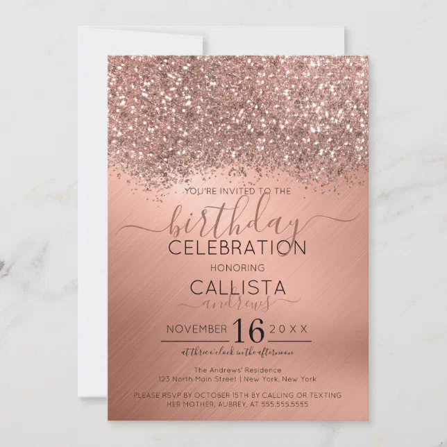 Rose Gold Glitter Confetti Metallic Birthday Invitation | Zazzle