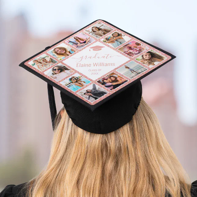 Rose Gold Glitter Custom Photo Collage Name Year Graduation Cap Topper ...