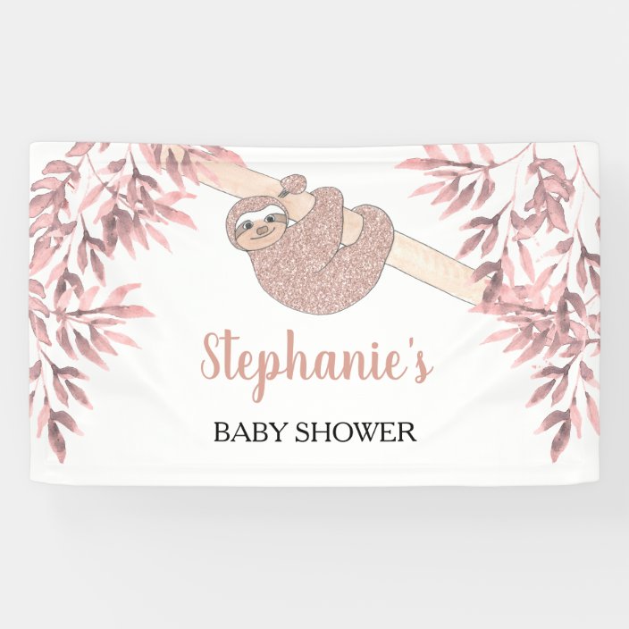 Rose Gold Glitter Cute Girl Sloth Baby Shower Banner | Zazzle.com