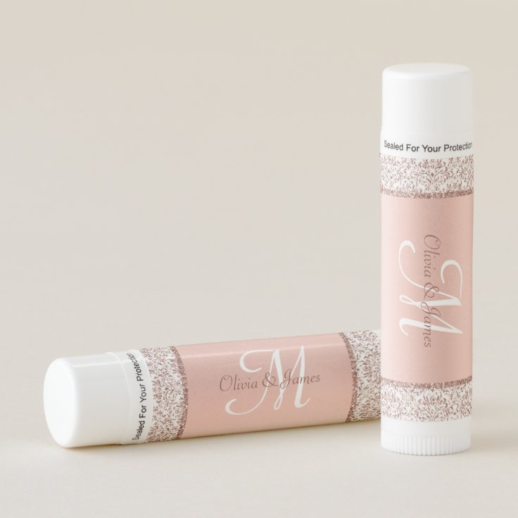 Rose Gold Glitter Damask Wedding Monogram Lip Balm | Zazzle