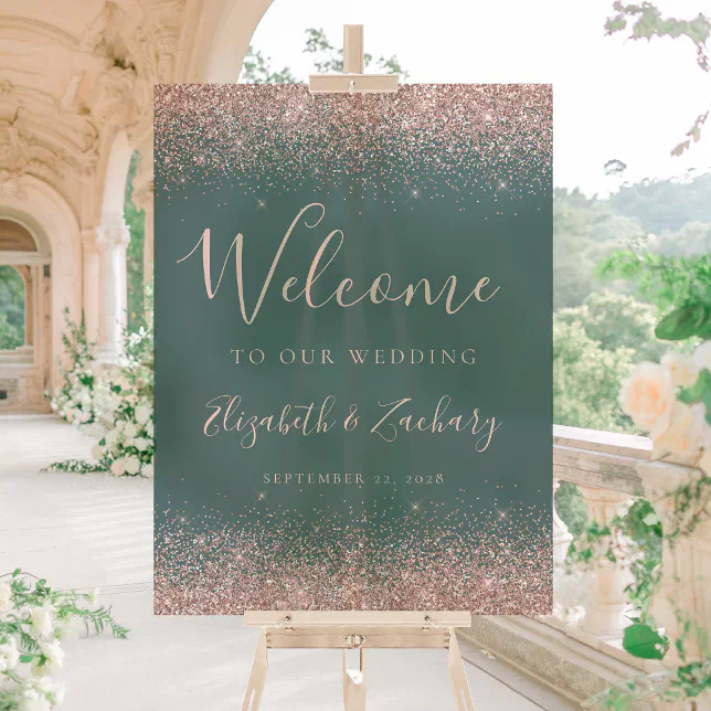 Rose Gold Glitter Dark Green Wedding Welcome Acrylic Sign | Zazzle