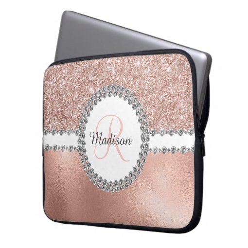 Rose Gold Glitter Diamond Glam Monogram Laptop Sleeve | Zazzle