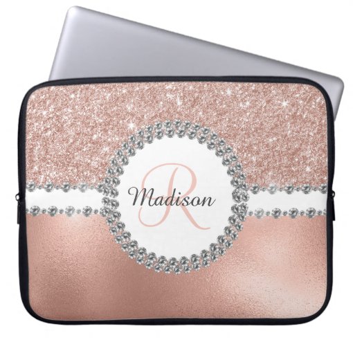 Rose Gold Glitter Diamond Glam Monogram Laptop Sleeve | Zazzle