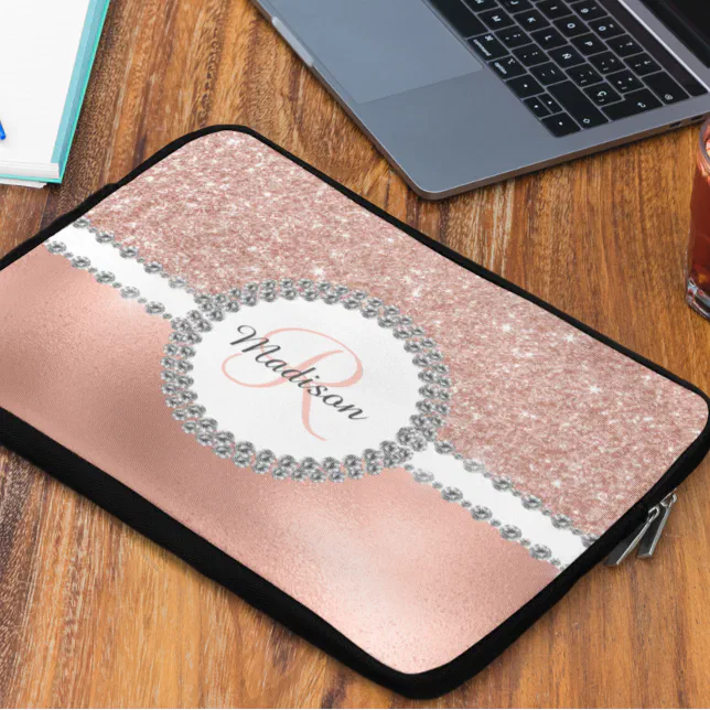 Rose Gold Glitter Diamond Glam Monogram Laptop Sleeve | Zazzle